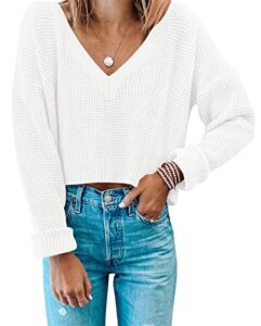 mirol women's waffle knit cropped top v neck long sleeve pullover sweater casual solid crop sweatshirts white