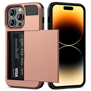 vofolen for iphone 14 pro case wallet credit card holder id slot sliding door hidden pocket men women anti-scratch dual layer hybrid bumper armor protective shell back cover 6.1 inch rose gold