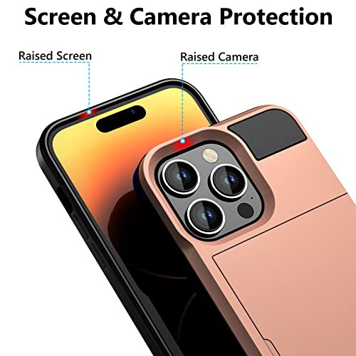 Vofolen for iPhone 14 Pro Case Wallet Credit Card Holder ID Slot Sliding Door Hidden Pocket Men Women Anti-Scratch Dual Layer Hybrid Bumper Armor Protective Shell Back Cover 6.1 inch Rose Gold