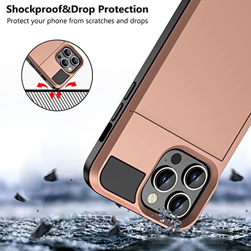 Vofolen for iPhone 14 Pro Case Wallet Credit Card Holder ID Slot Sliding Door Hidden Pocket Men Women Anti-Scratch Dual Layer Hybrid Bumper Armor Protective Shell Back Cover 6.1 inch Rose Gold