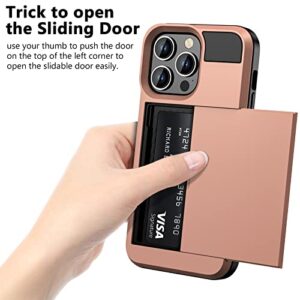 Vofolen for iPhone 14 Pro Case Wallet Credit Card Holder ID Slot Sliding Door Hidden Pocket Men Women Anti-Scratch Dual Layer Hybrid Bumper Armor Protective Shell Back Cover 6.1 inch Rose Gold