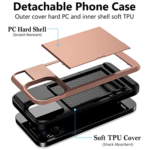 Vofolen for iPhone 14 Pro Case Wallet Credit Card Holder ID Slot Sliding Door Hidden Pocket Men Women Anti-Scratch Dual Layer Hybrid Bumper Armor Protective Shell Back Cover 6.1 inch Rose Gold