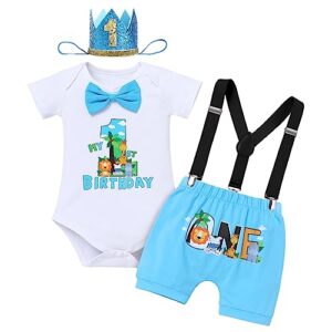 wild one birthday decorations supplies, jungle theme first birthday decoration, newborn baby cotton bodysuit one pants clothes set for 1st birthday boy safari party supplies blue 12-18 months