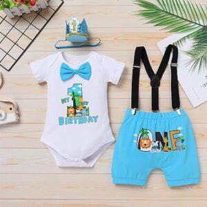 Wild One Birthday Decorations Supplies, Jungle Theme First Birthday Decoration, Newborn Baby Cotton Bodysuit One Pants Clothes Set for 1st Birthday Boy Safari Party Supplies Blue 12-18 Months