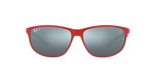 Ray-Ban RB4394M Scuderia Ferrari Collection Square Sunglasses, Matte Red/Green Mirrored Silver Polarized, 61 mm