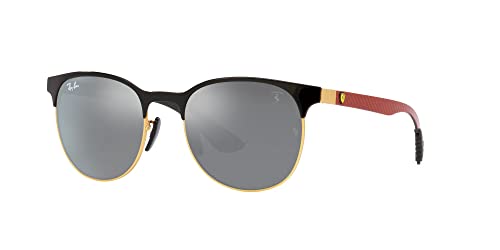 Ray-Ban RB8327M Scuderia Ferrari Collection Round Sunglasses, Black on Matte Gold/Grey Gradient Mirrored Silver, 53 mm