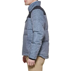 Levi's Men's Quilted Mixed Media Shirttail Work Wear Puffer Jacket, Faded Blue Bandana, Large