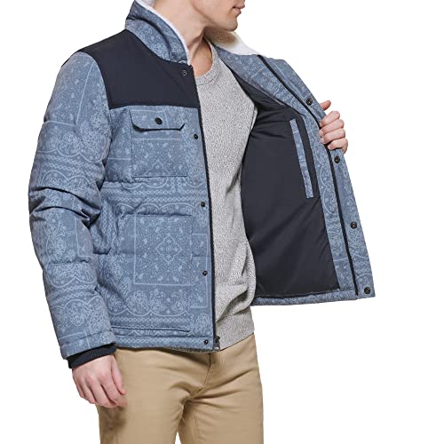 Levi's Men's Quilted Mixed Media Shirttail Work Wear Puffer Jacket, Faded Blue Bandana, Large