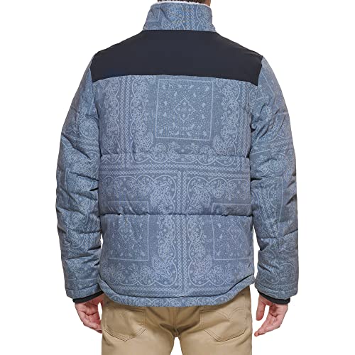 Levi's Men's Quilted Mixed Media Shirttail Work Wear Puffer Jacket, Faded Blue Bandana, Large