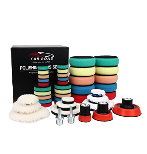 CARROAD 44pcs Drill Buffing Pad Detail Polishing Pad Mix Size Car Detailing Kit with 5/8-11 Thread Backing pad & Adapters for Buffer Polisher Car Sanding, Polishing, Waxing, Sealing Glaze