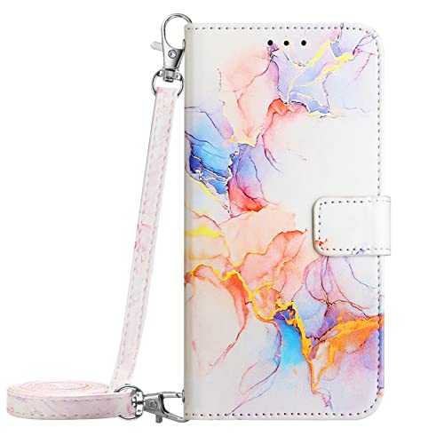 ONV Wallet Case for Oppo Reno 6 Pro+ 5G - Long Neck Lanyard Marble Painted Stand Card Slot Leather Flip Case + TPU Inner Shell Cover for Oppo Reno 6 Pro+ 5G [Marble] -White