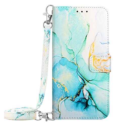 ONV Wallet Case for Oppo Reno 6 Pro 5G - Long Neck Lanyard Marble Painted Stand Card Slot Leather Flip Case + TPU Inner Shell Cover for Oppo Reno 6 Pro 5G [Marble] -Green