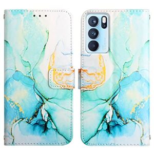 ONV Wallet Case for Oppo Reno 6 Pro 5G - Long Neck Lanyard Marble Painted Stand Card Slot Leather Flip Case + TPU Inner Shell Cover for Oppo Reno 6 Pro 5G [Marble] -Green