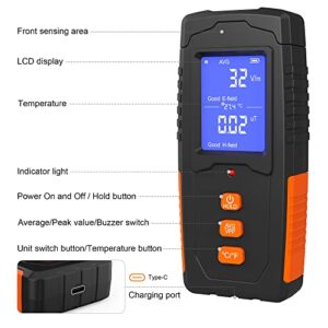 NOPWOK EMF Meter Rechargeable Electromagnetic Field Radiation Detector Handheld Digital LCD EMF Reader Temperature Measure, Tester for Home Inspections, Outdoor and Ghost Hunting