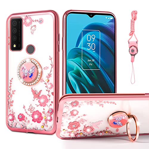 nancheng Phone Case for TCL 30 XE 5G, Case for 6.52-inch TCL 30 XE 5G Cute Soft Silicone Pink Cover for Girls Women with Ring Kickstand Shockproof Protection Case - Rose Butterfly