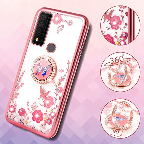 nancheng Phone Case for TCL 30 XE 5G, Case for 6.52-inch TCL 30 XE 5G Cute Soft Silicone Pink Cover for Girls Women with Ring Kickstand Shockproof Protection Case - Rose Butterfly