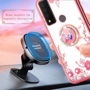 nancheng Phone Case for TCL 30 XE 5G, Case for 6.52-inch TCL 30 XE 5G Cute Soft Silicone Pink Cover for Girls Women with Ring Kickstand Shockproof Protection Case - Rose Butterfly