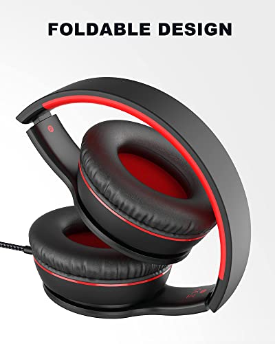 ELECDER i45 On-Ear Headphones with Microphone - Foldable Stereo Bass Headphones with No-Tangle 1.5M Cord, 3.5MM Jack, Portable Wired Headphones for School/Kids/Teens/Smartphones/Travel/Tablet - Red