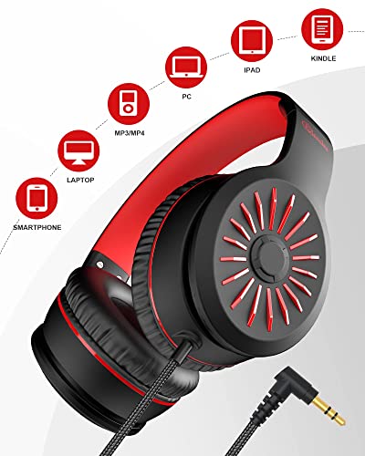 ELECDER i45 On-Ear Headphones with Microphone - Foldable Stereo Bass Headphones with No-Tangle 1.5M Cord, 3.5MM Jack, Portable Wired Headphones for School/Kids/Teens/Smartphones/Travel/Tablet - Red