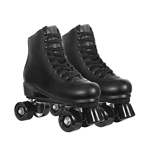 Roller Skates for Women with PU Leather High-top Double Row Rollerskates, Unisex-Adult Indoor Outdoor Black Derby Skate Size 8.5 with Wear-Resistant Rubber Fast Braking for Beginner