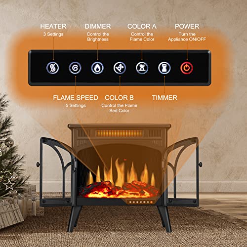 Electric Fireplace Stove Heater, Freestanding Electric Fireplace, Fireplace Heater with 3D Logs and Realistic Flame,Adjustable Brightness and Color, 5100btu Max 1500w,Black