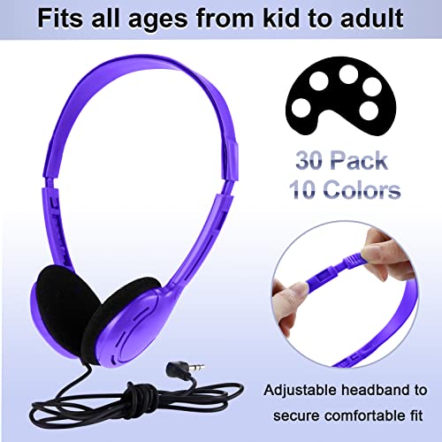 Yunsailing 30 Pack Class Set Headphones for Kids Students Bulk School Classroom Headphones Over Head Earphones on Ear Earbuds Adjustable with 3.5 mm Jack for Child Children Adults (Classic Colors)