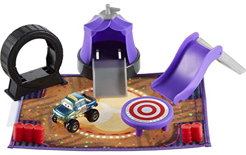 Mattel ​Disney and Pixar Cars Toys, Mini Racers On-the-Go Show Time Playset with 1 Mini Ivy Truck, Accessories & Portable Case