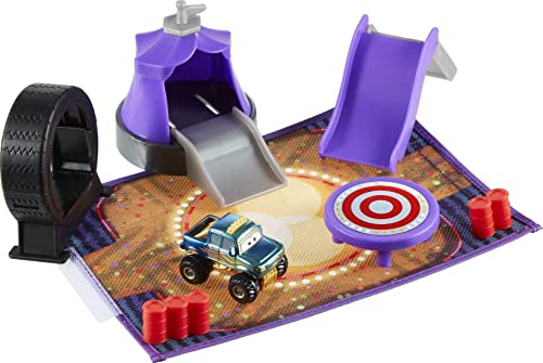 Mattel ​Disney and Pixar Cars Toys, Mini Racers On-the-Go Show Time Playset with 1 Mini Ivy Truck, Accessories & Portable Case