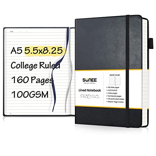 SUNEE A5 College Ruled Lined Journal Notebook with 160 Pages 5.5x8.25 Inches 100GSM Writing Paper, Hardcover Journal with Black Vegan Leather Cover, Pen Loop and Numbered Sheets