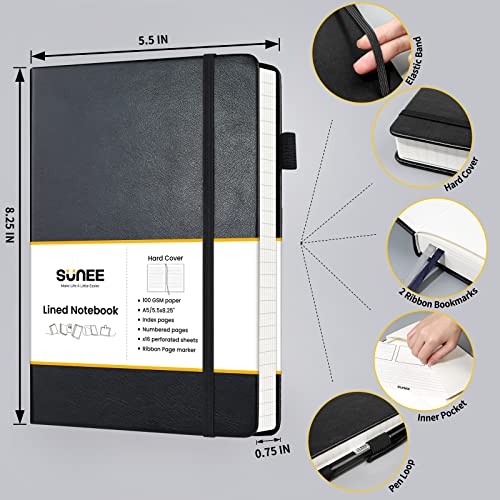 SUNEE A5 College Ruled Lined Journal Notebook with 160 Pages 5.5x8.25 Inches 100GSM Writing Paper, Hardcover Journal with Black Vegan Leather Cover, Pen Loop and Numbered Sheets