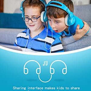 Kids Headphones, Wired On-Ear Child Headset with Mic, HD Sound Sharing Function and 85dB Volume Limited Hearing Protection for Phone Tablet PC (Blue)