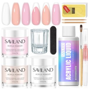 saviland acrylic nail kit french sculpture set: clear/nude/pink acrylic powder and liquid set acrylic nail brush cuticle oil for nail care professional diy acrylic nail art beginner acrylic nail kit