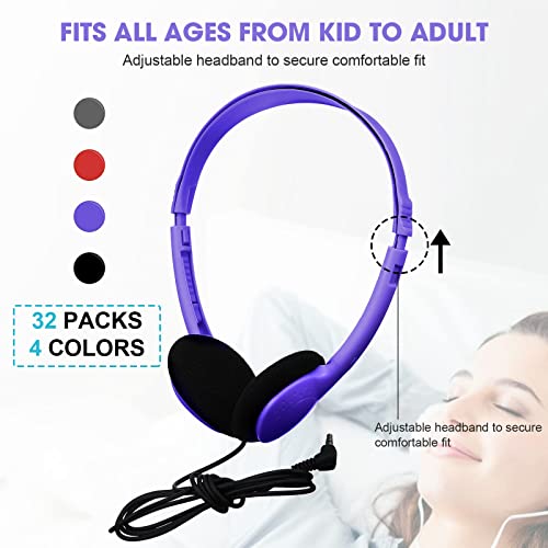 Konohan 32 Pack Headphones Student Headphone Adjustable on Ear Headphone Library Headphone Wire Classroom Headphone with 3.5 mm Headphone Plug for Boys Girls Adults School (Red, Purple, Gray, Black)