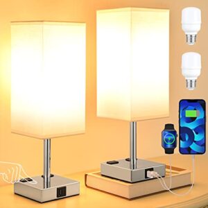 Fully Dimmable Nightstand Lamps Set of 2& 3-Way Touch Dimmable Bedside Lamps,Table Lamps with USB C+A and Dual AC Outlets for Bedroom Living Room Guestroom(LED Bulb Included)