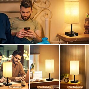 Fully Dimmable Nightstand Lamps Set of 2& 3-Way Touch Dimmable Bedside Lamps,Table Lamps with USB C+A and Dual AC Outlets for Bedroom Living Room Guestroom(LED Bulb Included)