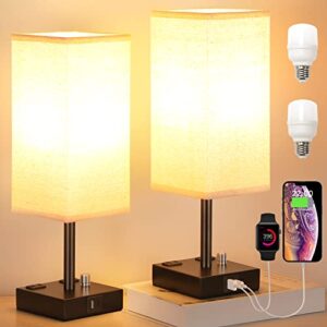 Fully Dimmable Nightstand Lamps Set of 2& 3-Way Touch Dimmable Bedside Lamps,Table Lamps with USB C+A and Dual AC Outlets for Bedroom Living Room Guestroom(LED Bulb Included)