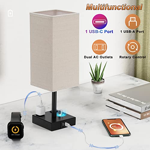 Fully Dimmable Nightstand Lamps Set of 2& 3-Way Touch Dimmable Bedside Lamps,Table Lamps with USB C+A and Dual AC Outlets for Bedroom Living Room Guestroom(LED Bulb Included)