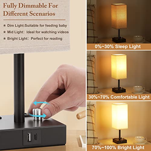 Fully Dimmable Nightstand Lamps Set of 2& 3-Way Touch Dimmable Bedside Lamps,Table Lamps with USB C+A and Dual AC Outlets for Bedroom Living Room Guestroom(LED Bulb Included)