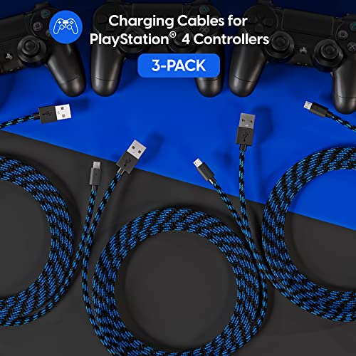 TALK WORKS Micro USB Controller Charger Cable for Playstation 4-6-Foot Long Braided Heavy-Duty Fast Charger Cord for PS4, Blue-Black (3 Pack)