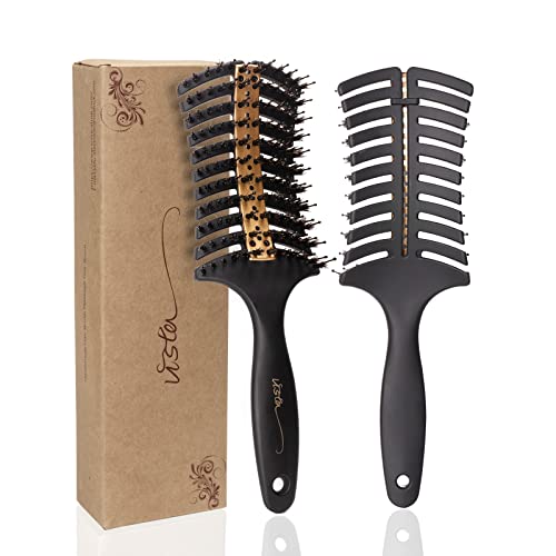 Vista Detangling Brush with Anti-Static Aluminum Sheet Boar Bristle Hair Brush Hollow Out Design Vented Curved Detangling Hair Brush Professional Faster Drying your Hair and easy to styling your hair, Gold