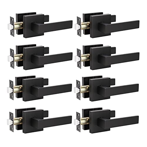 KNOBWELL 8 Pack Interior Door Handles Matte Black Modern Square Door Handle Knobs Classic No-Locking Passage Door Levers(No Lock, No Key)