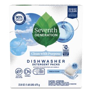 seventh generation dishwasher detergent packs, blasts away stuck-on food, free & clear, 45 packs