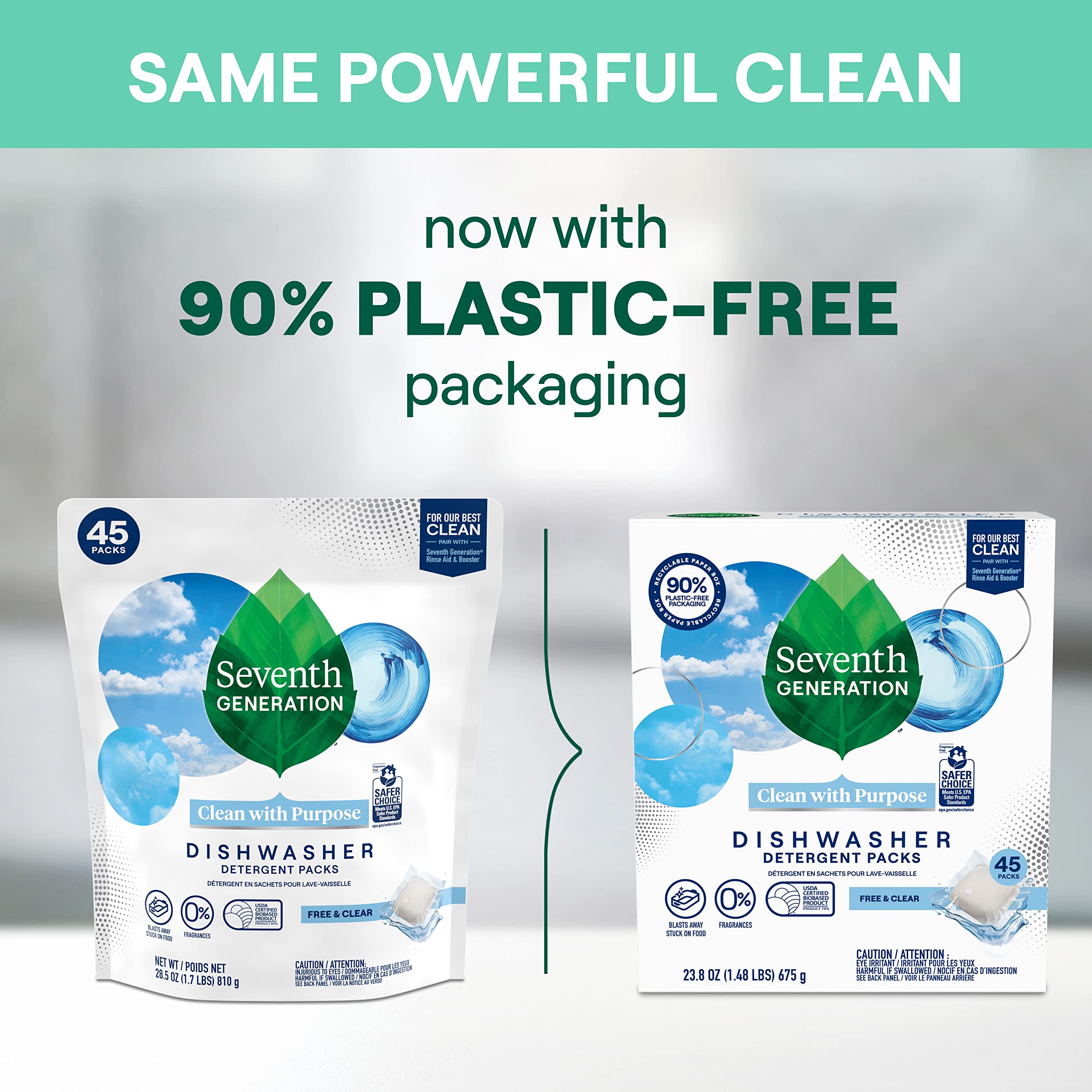 Seventh Generation Dishwasher Detergent Packs, Blasts Away Stuck-On Food, Free & Clear, 45 Packs