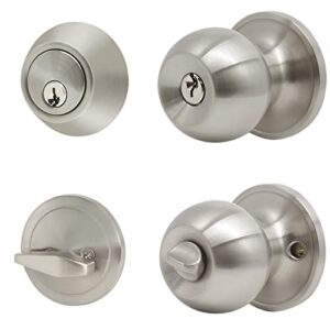 knobonly 8 pack round ball front door knob and single cylinder deadbolt combo sets, satin nickel door knob set, keyed alike