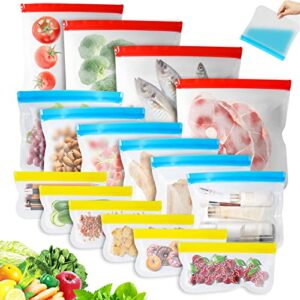 16 pack reusable food storage bags bpa free,leakproof silicone freezer bags for lunch marinate food travel - 4 gallon 6 sandwich 6 snack bags