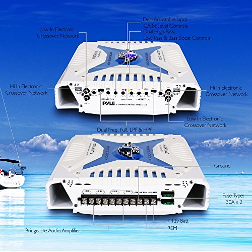 Pyle Hydra Marine Amplifier - Upgraded Elite Series 1000 Watt 4 Channel (PLMRA420) & Marine Bluetooth Stereo Radio - 12v Single DIN Style Boat in Dash Radio Receiver System PLMRB29W (White)