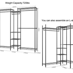 XIOFIO Heavy Duty Garment Rack, Metal Clothing Rack with 4 Hanging Rods and 4 Large Shelves 4 Small Shelves, Freestanding Portable Wardrobe Closet Rack, 68.5"L x 16.5"W x 76.7"H Max Load 720LBS, Black