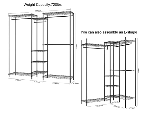 XIOFIO Heavy Duty Garment Rack, Metal Clothing Rack with 4 Hanging Rods and 4 Large Shelves 4 Small Shelves, Freestanding Portable Wardrobe Closet Rack, 68.5"L x 16.5"W x 76.7"H Max Load 720LBS, Black