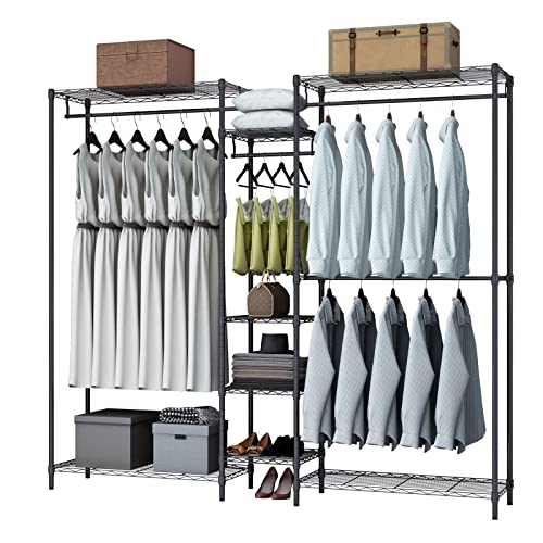 XIOFIO Heavy Duty Garment Rack, Metal Clothing Rack with 4 Hanging Rods and 4 Large Shelves 4 Small Shelves, Freestanding Portable Wardrobe Closet Rack, 68.5"L x 16.5"W x 76.7"H Max Load 720LBS, Black