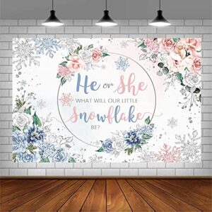 AIBIIN 7x5ft Winter Snowflake Gender Reveal Backdrop He or She Boy or Girl Silver Glitter Pink Blue Floral Photography Background What Will Our Little Snowflake Be Party Decoration Banner Photo Booth